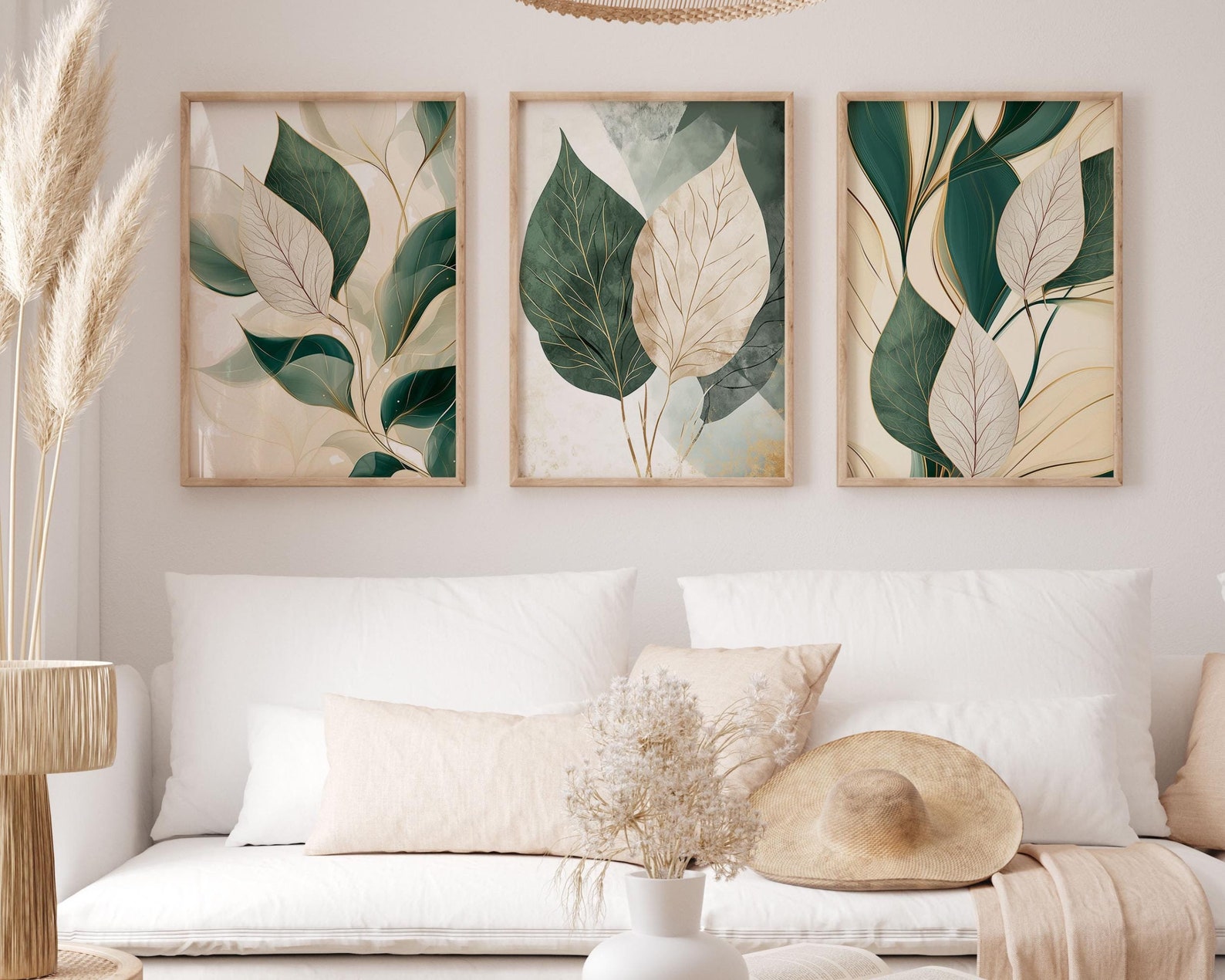 Green Print Set of 3, Green Leaves Botanical Printable Wall Art ...
