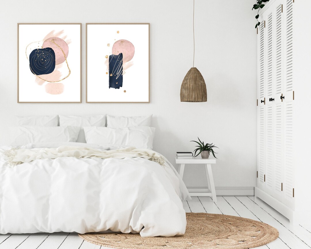 Blush Pink and Navy Print Set, Minimalist Abstract Wall Art Set, Pink ...