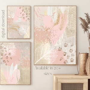 Pink Abstract Wall Art, Pastel Pink Soft Gold Printable Wall Art Set of ...