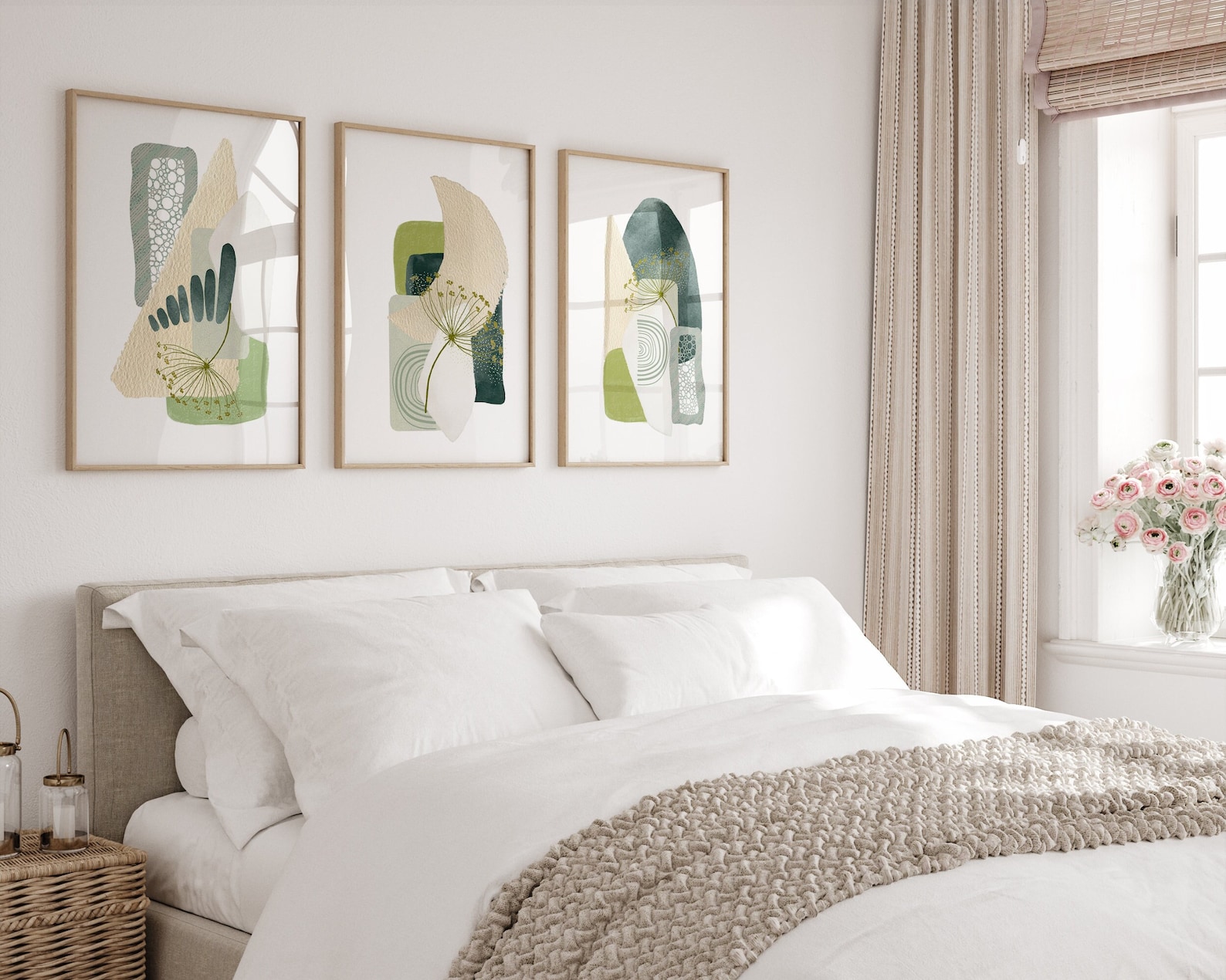Modern Green Gallery Wall Art Set of 3 Abstract Art Bedroom Wall Decor ...