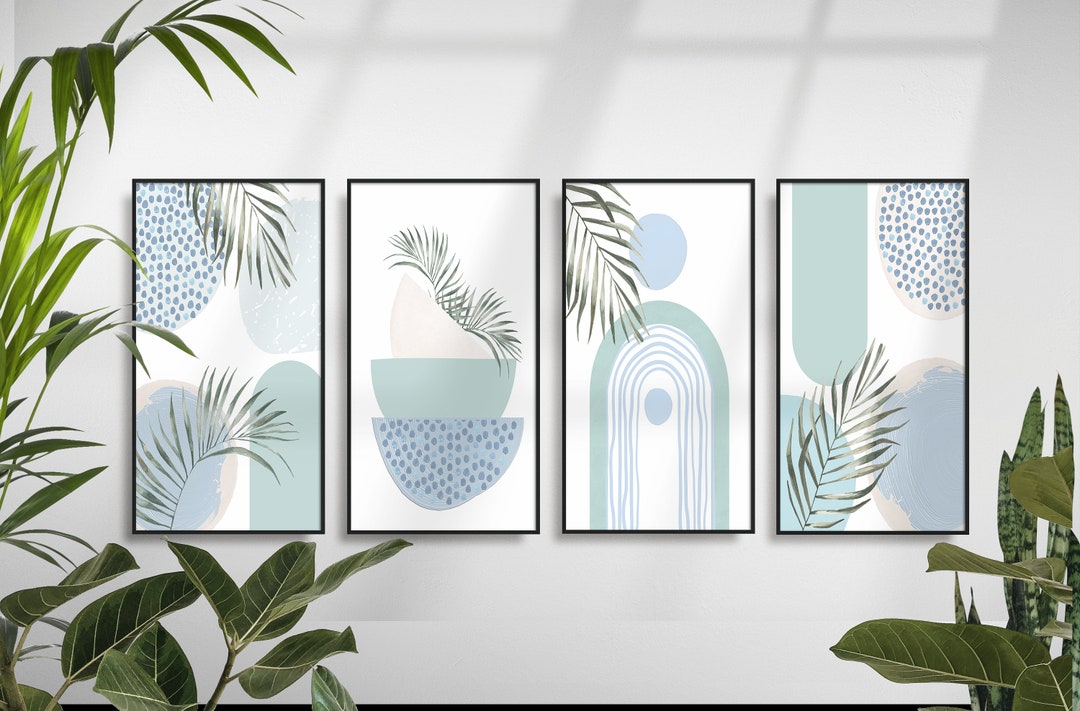 Boho Wall Art, Modern Nordic Teal Blue Green Set of 4, Minimalist ...