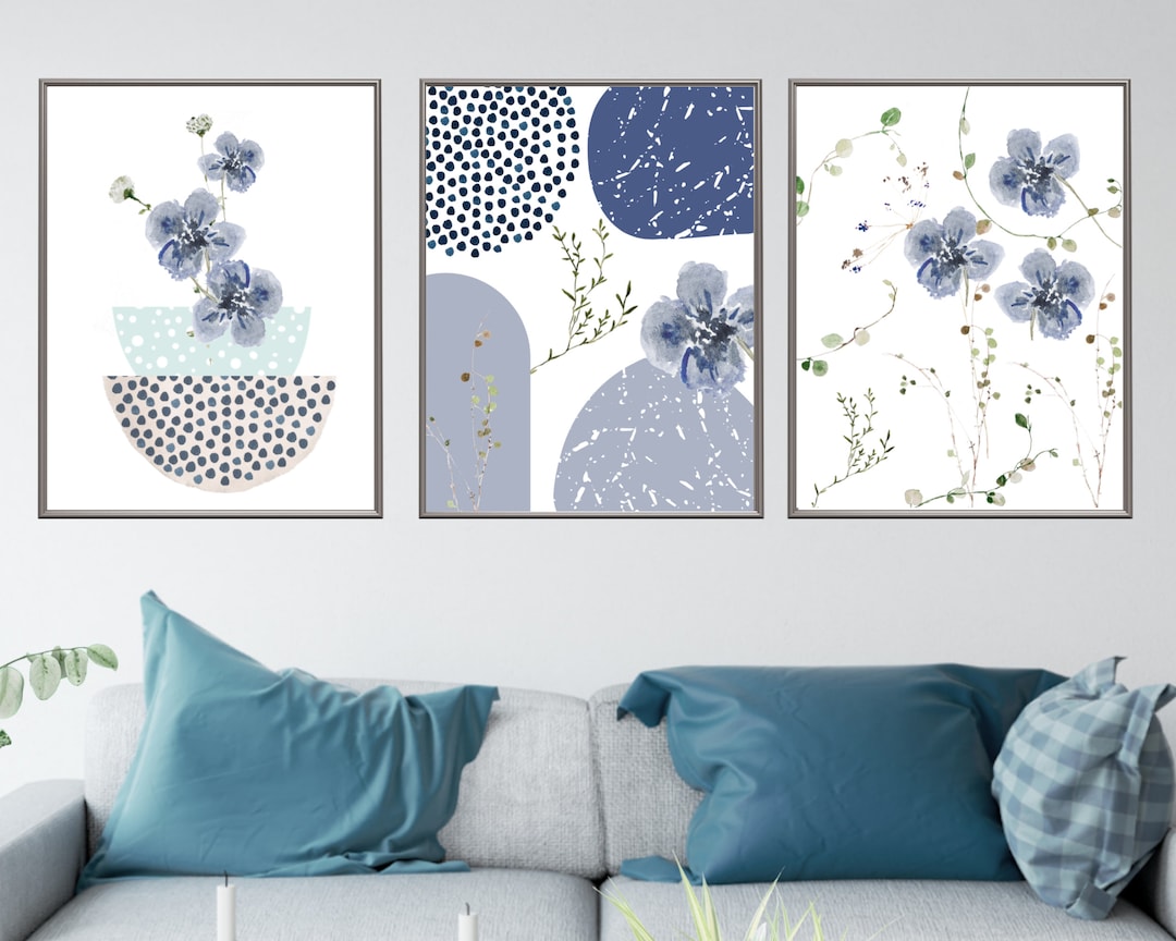 Blue Botanical Wall Art Print, Floral Boho Printable Wall Art Set of 3 ...