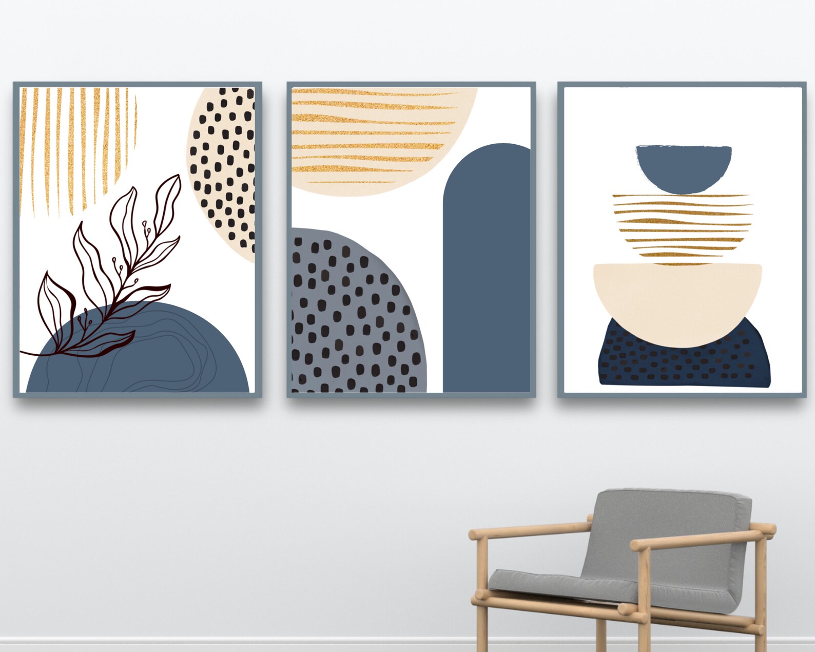 Boho Art Set of 3 Prints, Boho Wall Art, Blue Grey Abstract Gallery ...