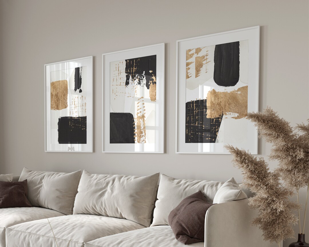 Abstract Wall Art, Black Gold Watercolour Shapes Printable Wall Art ...