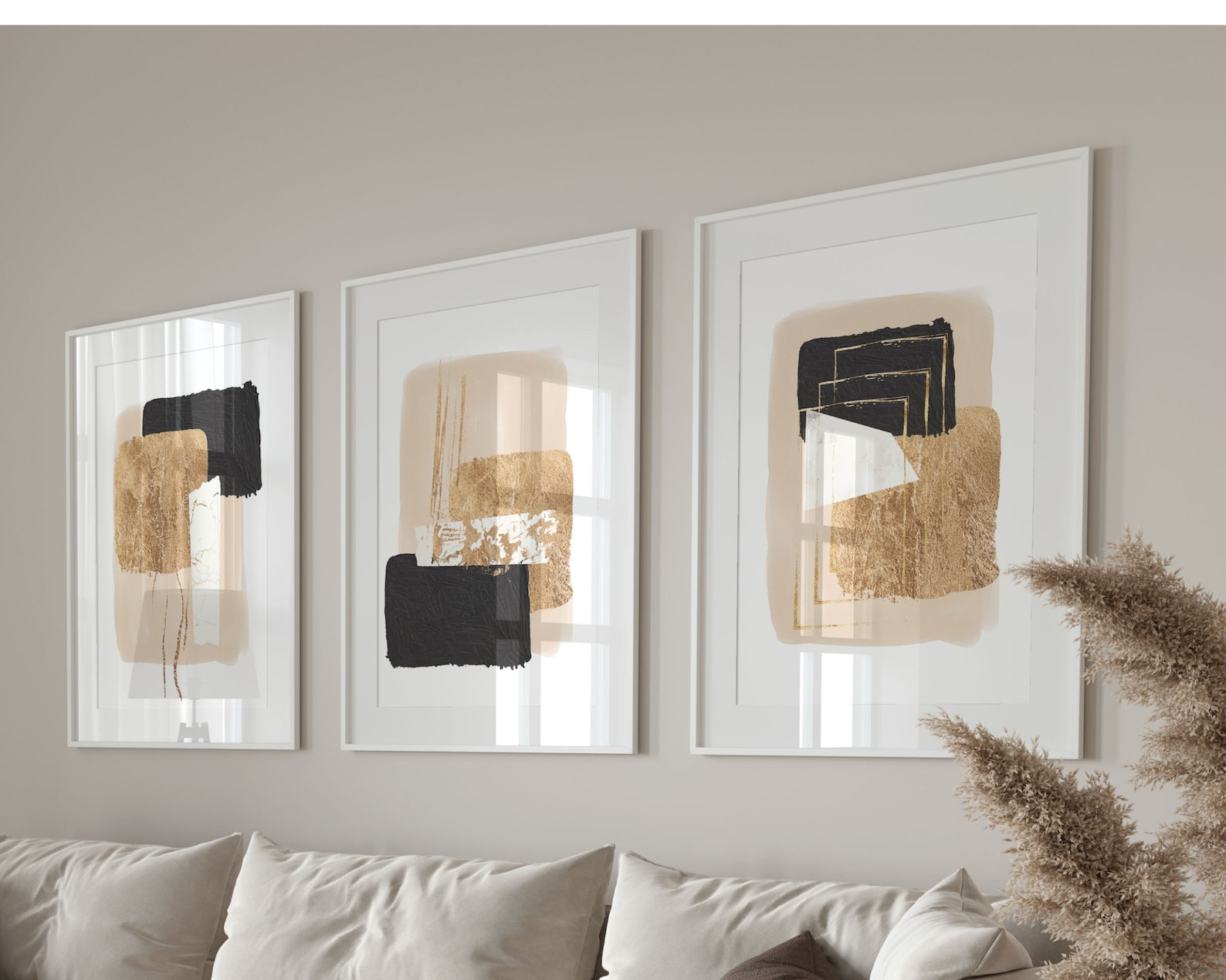 Abstract Wall Art, Black Gold Tan Textured Shapes Printable Wall Art ...