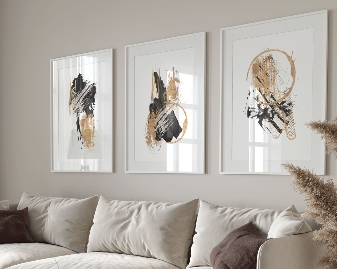 Abstract Wall Art, Black and Gold Modern Nordic Print Set of 3 ...
