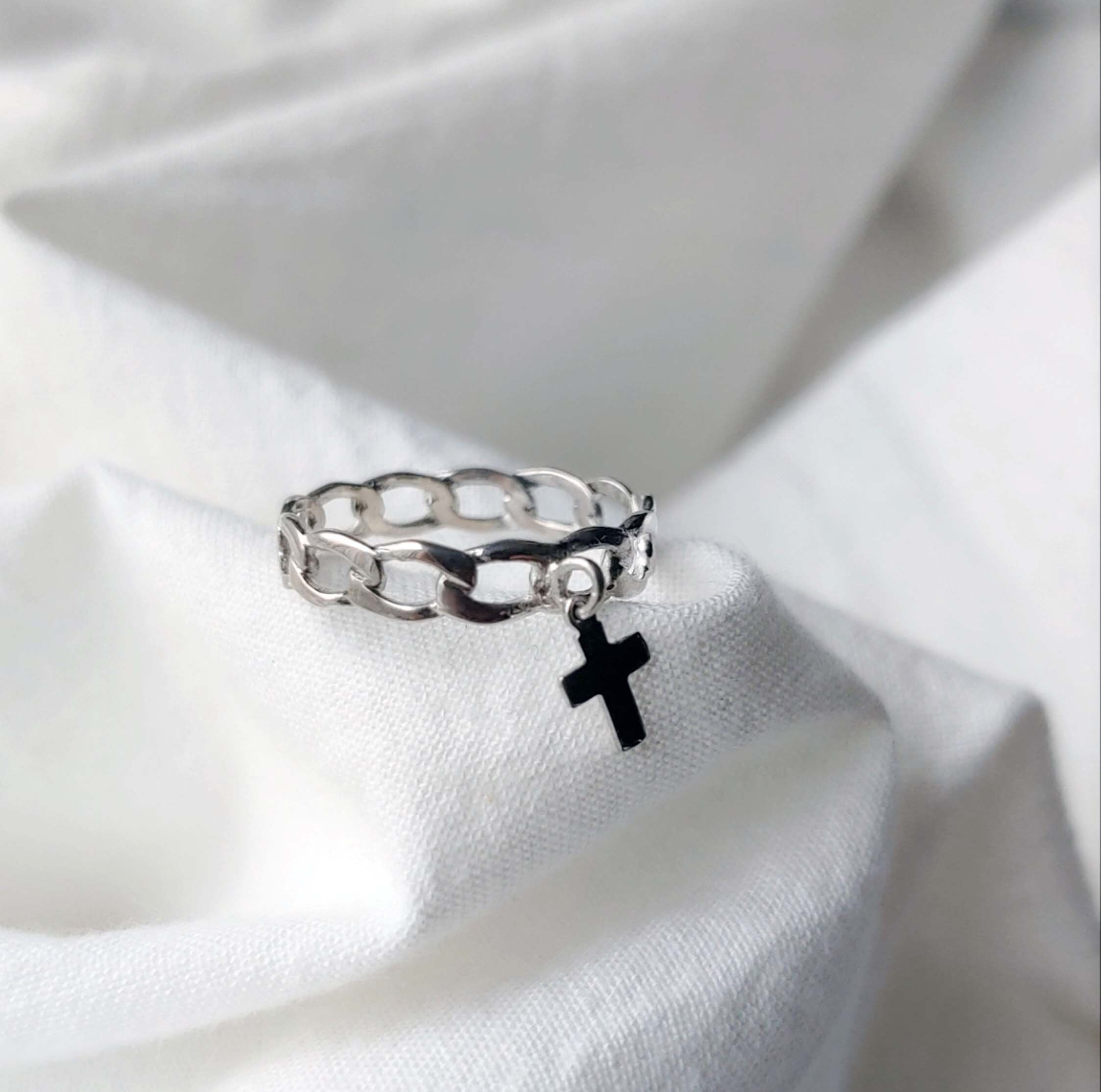 Silver Cross Ring Cross Chain Ring Dainty Cross Ring Dangle - Etsy UK