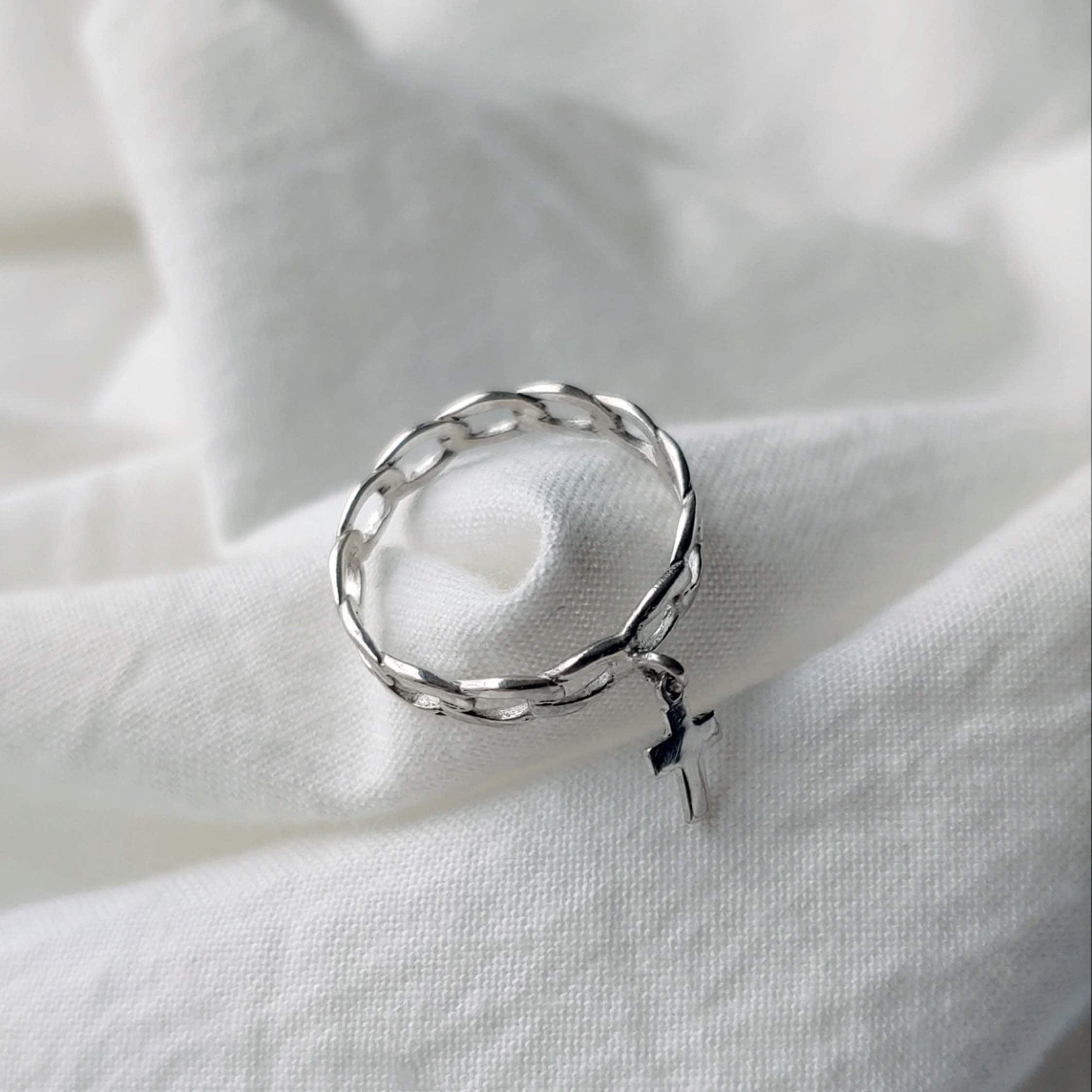 Silver Cross Ring Cross Chain Ring Dainty Cross Ring Dangle - Etsy UK