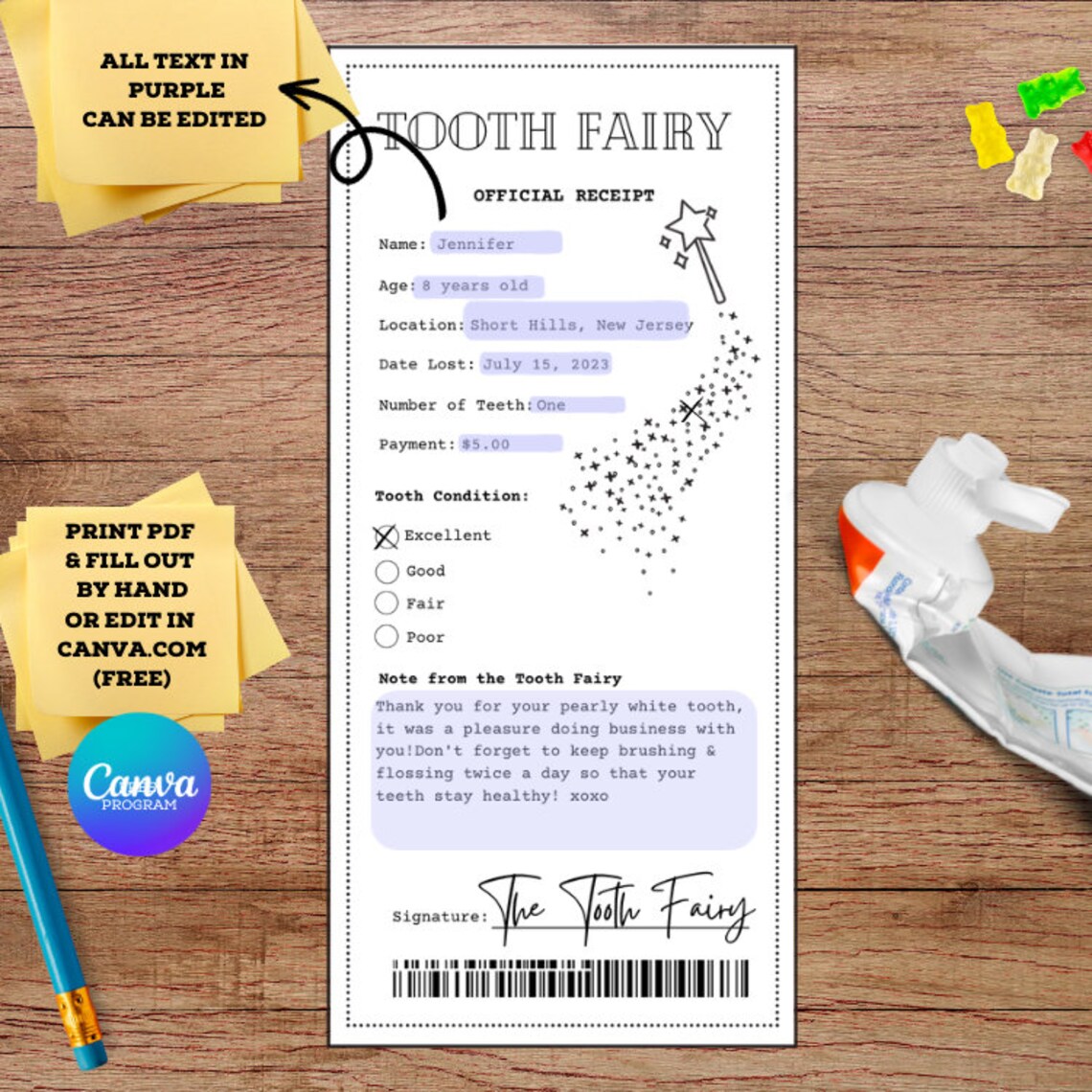 Editable Tooth Fairy Receipt Certificate: Printable Letter (canva ...
