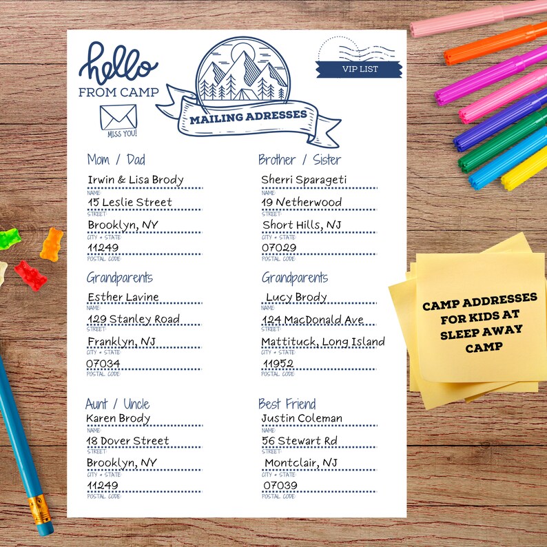 Sleepaway Camp Address Template for Kids, Printable, Mailing Addresses ...