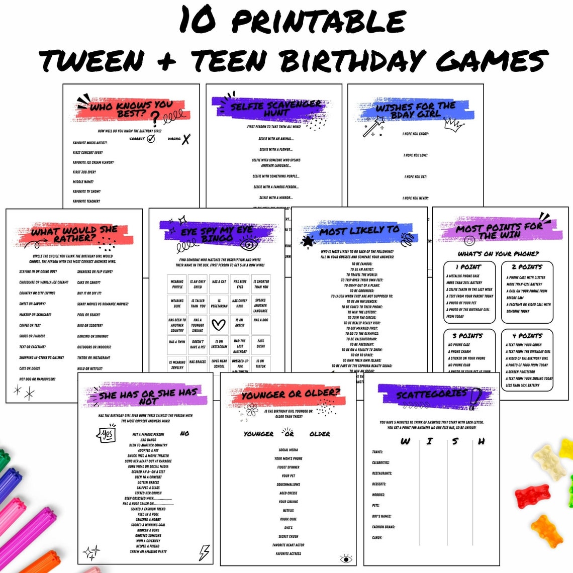 Tween Teen Birthday Games: Printable Party Activity Sheets (digital ...
