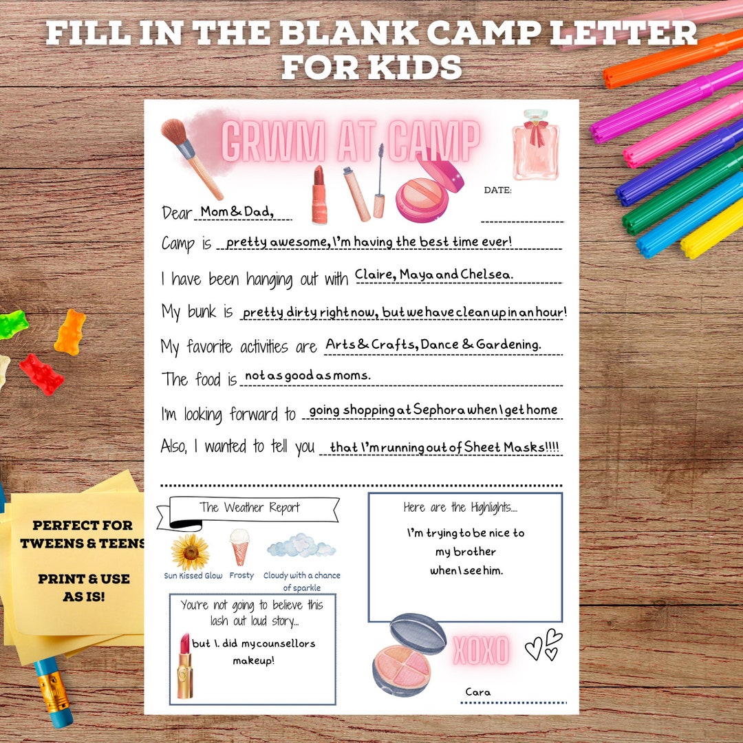 GRWM Fill in the Blank Camp Letter, Camp Note Printable, Summer Camp ...