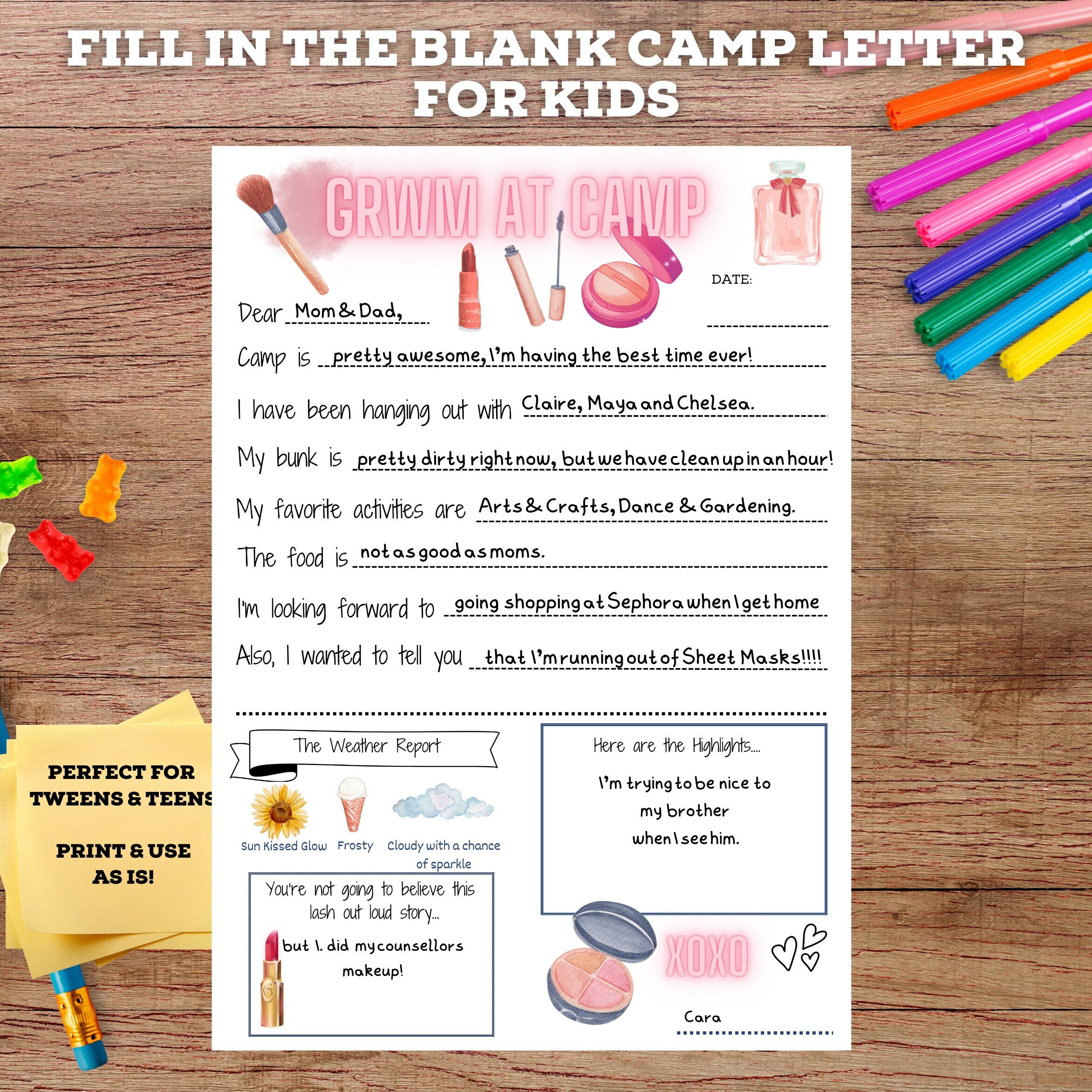 GRWM Fill in the Blank Camp Letter, Camp Note Printable, Summer Camp ...