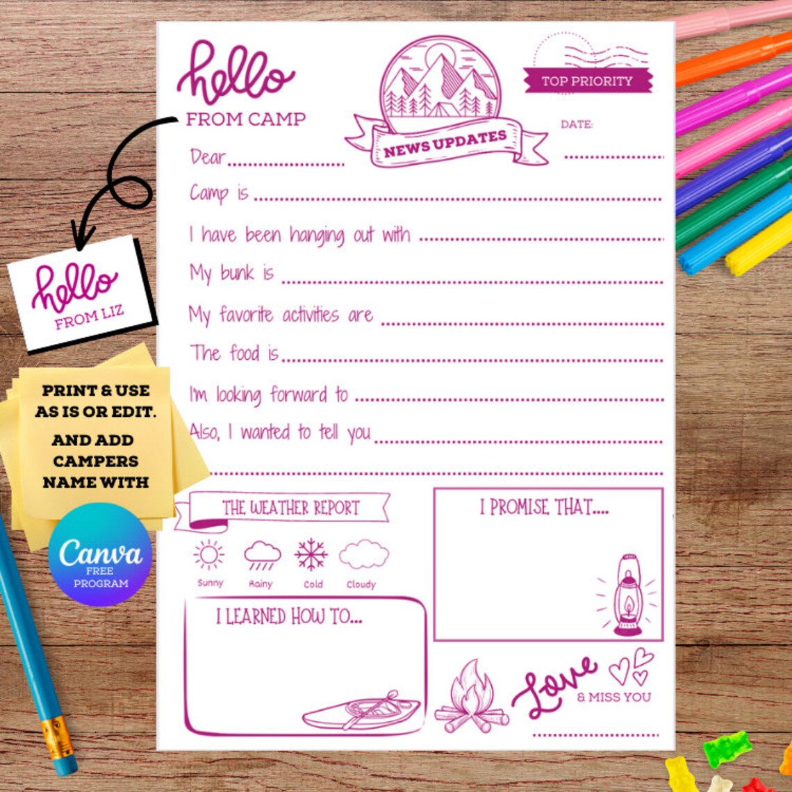 Fill-in Camp Letter Stationery: Kids Summer Camp Notes (PDF) - Etsy