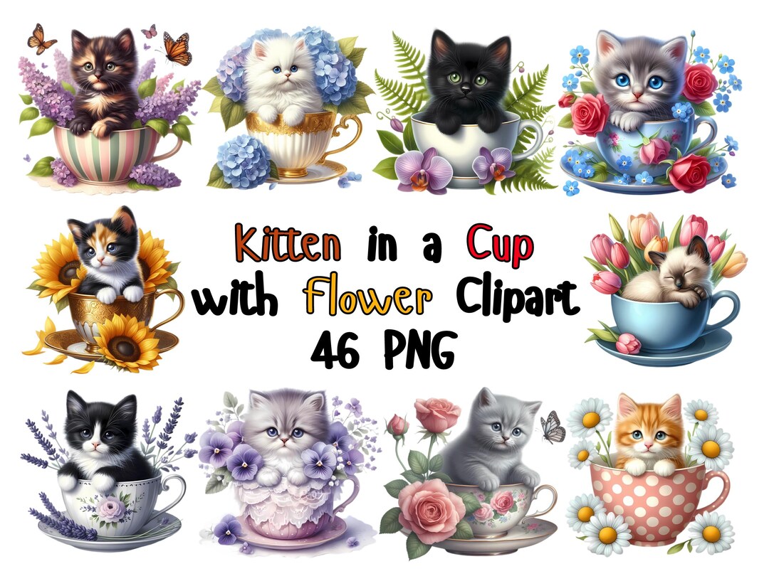 Kitten in a Cup With Flower Clipart PNG, Instant Download, Transparent ...
