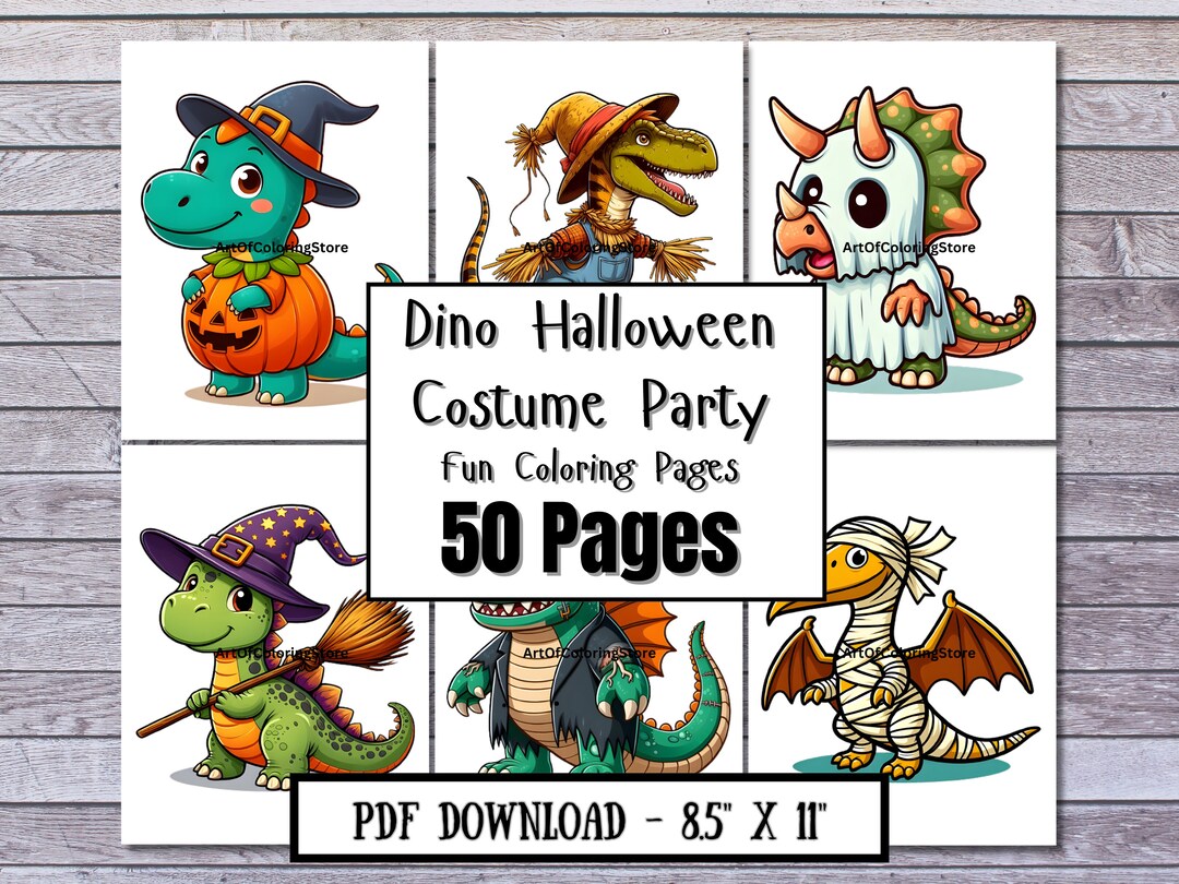 Dino Halloween Costume Party Coloring Pages for Adults and Kids - 50 ...
