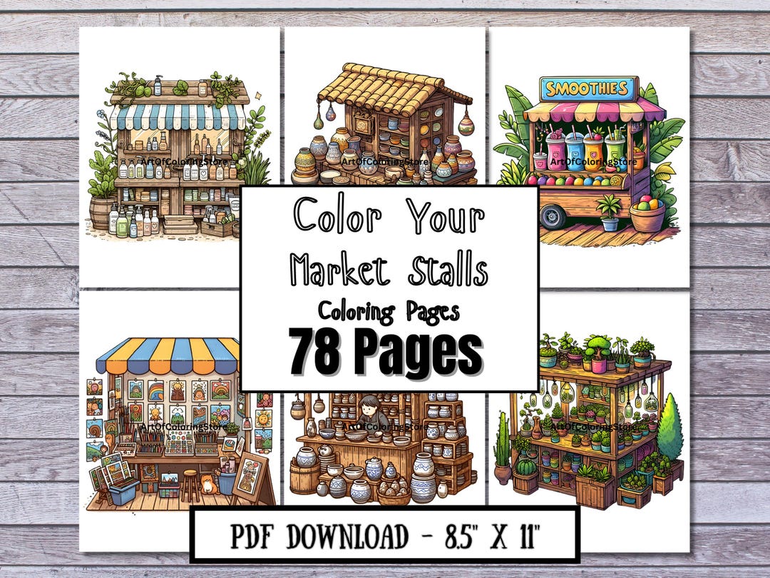 Color Your Market Stalls, Coloring Pages for Kids and Adults 78 Pages ...