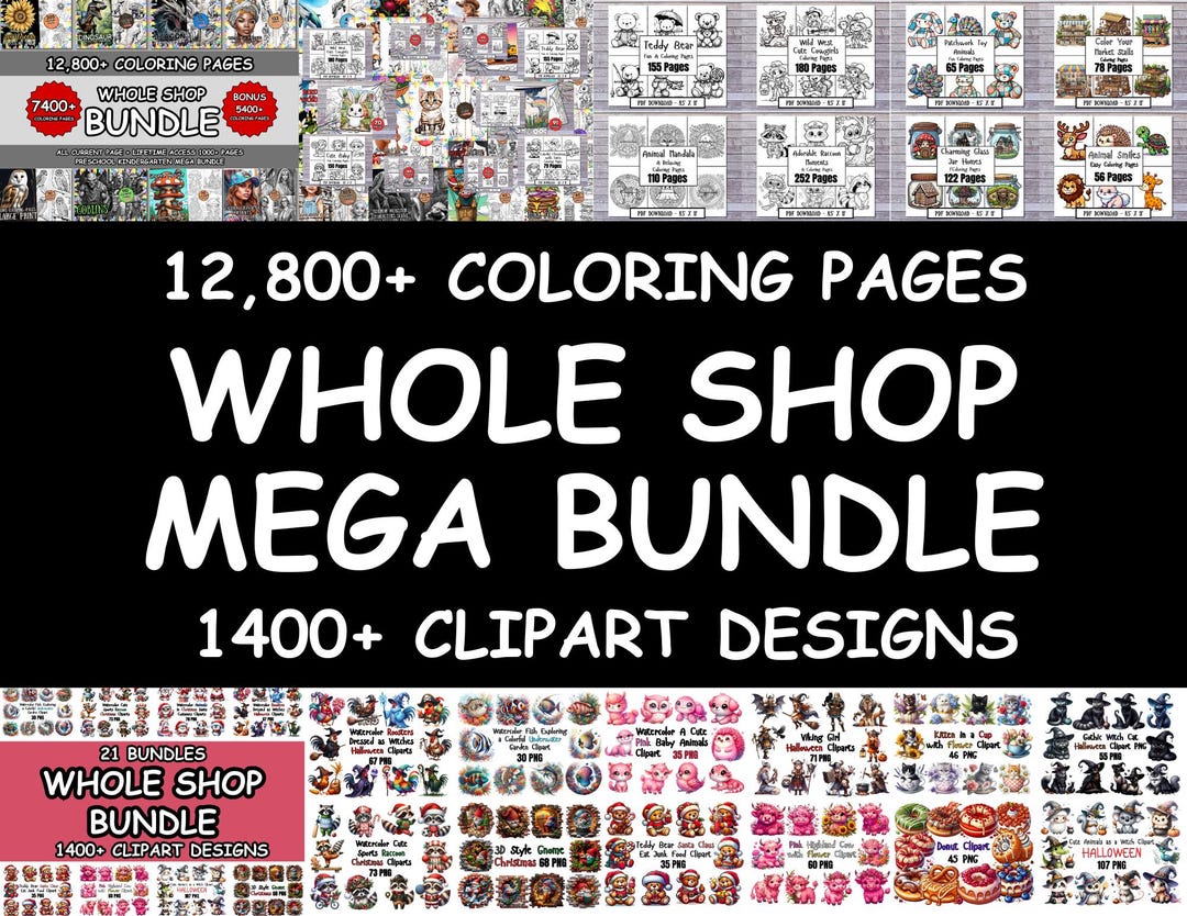 Whole Shop Mega Bundle, Huge Bundle, Variety Coloring Pages, Variety Clipart PNG, Digital ...