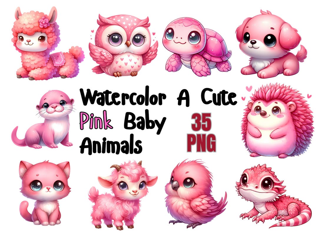Watercolor A Cute Pink Baby Animals PNG, Clipart, Instant Download ...