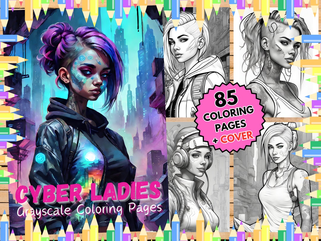 Cyber Ladies Grayscale Coloring Pages 85 Pages Cover - Etsy
