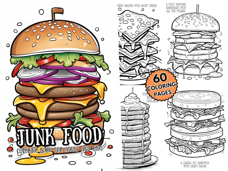 Junk Food Coloring Pages for Adults and Kids - 60 Pages + Free Cover ...
