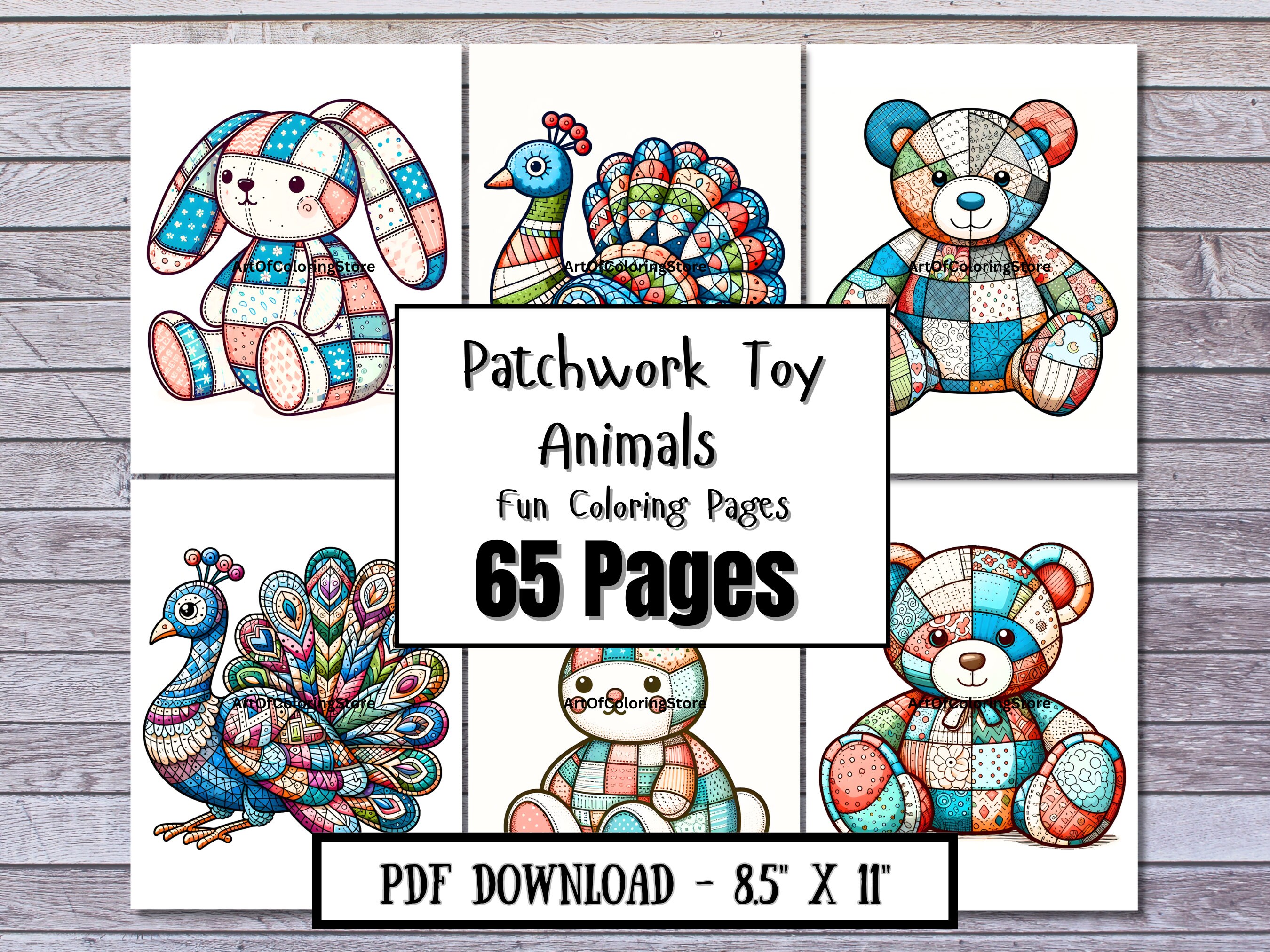 Patchwork Toy Animals Fun Coloring for Adults Bundles - 65 Pages ...