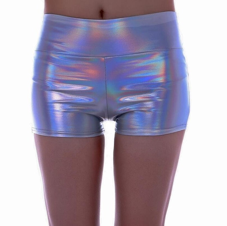 Metallic Shorts Rave Booty Shorts Mid Waist Cheer Shorts Pu Etsy
