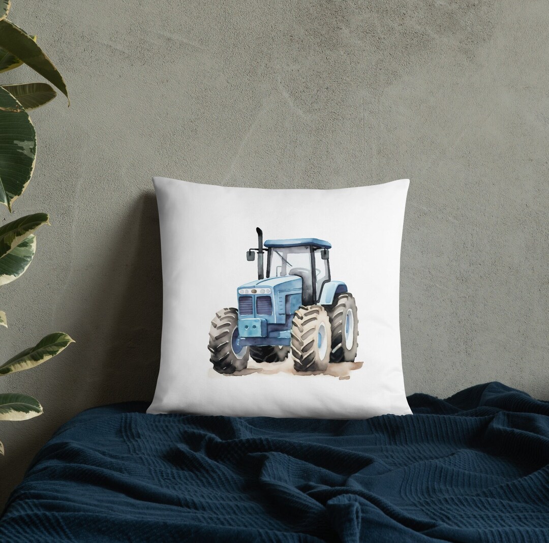 Blue Tractor Pillow for Kids Watercolor Farm Nursery Decor Soft Cotton ...
