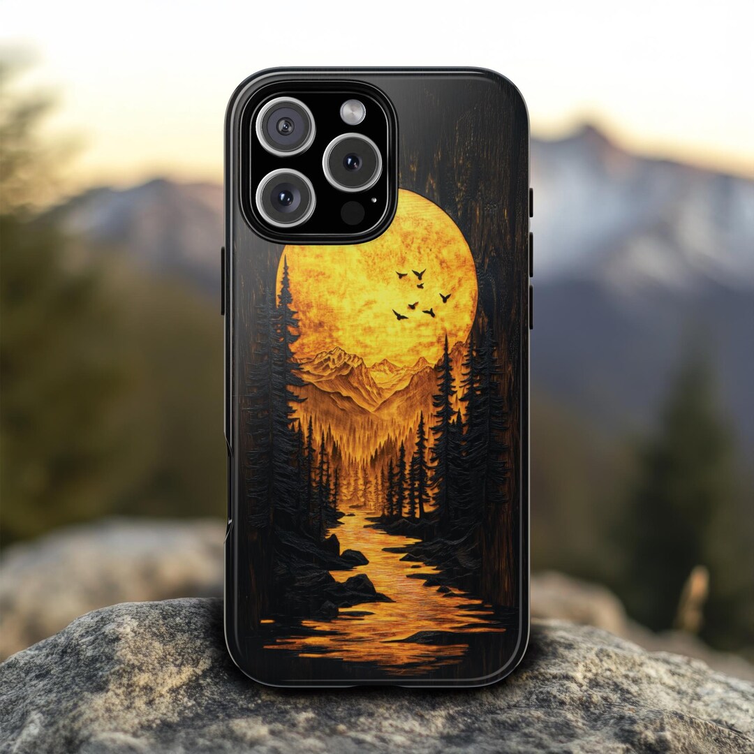 Golden Sun Mountain Sunset Phone Case, 3D Wooden Carved Effect Forest ...