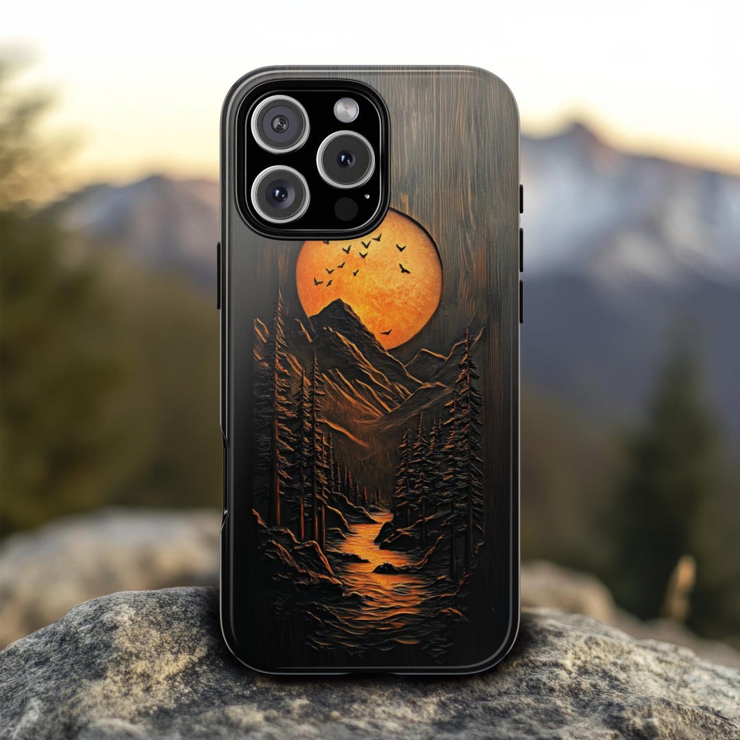 Mountain Sunset Phone Case, 3D Art Wooden Carved Effect Forest ...