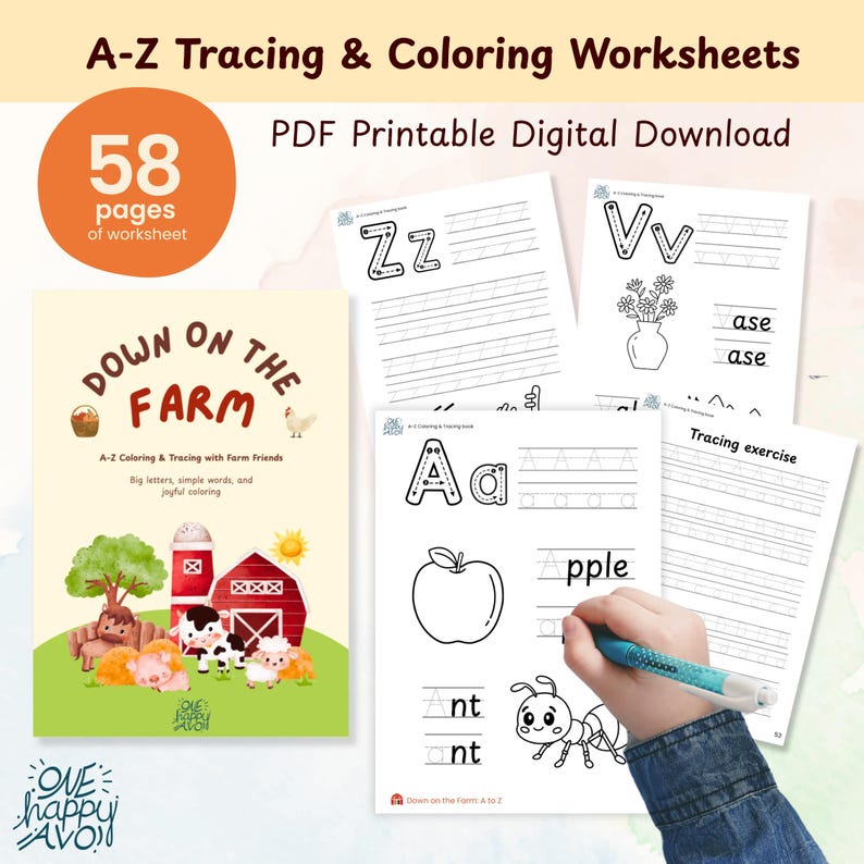 Farm A-Z Coloring Tracing Printable Pages for Preschool Kindergarten ...