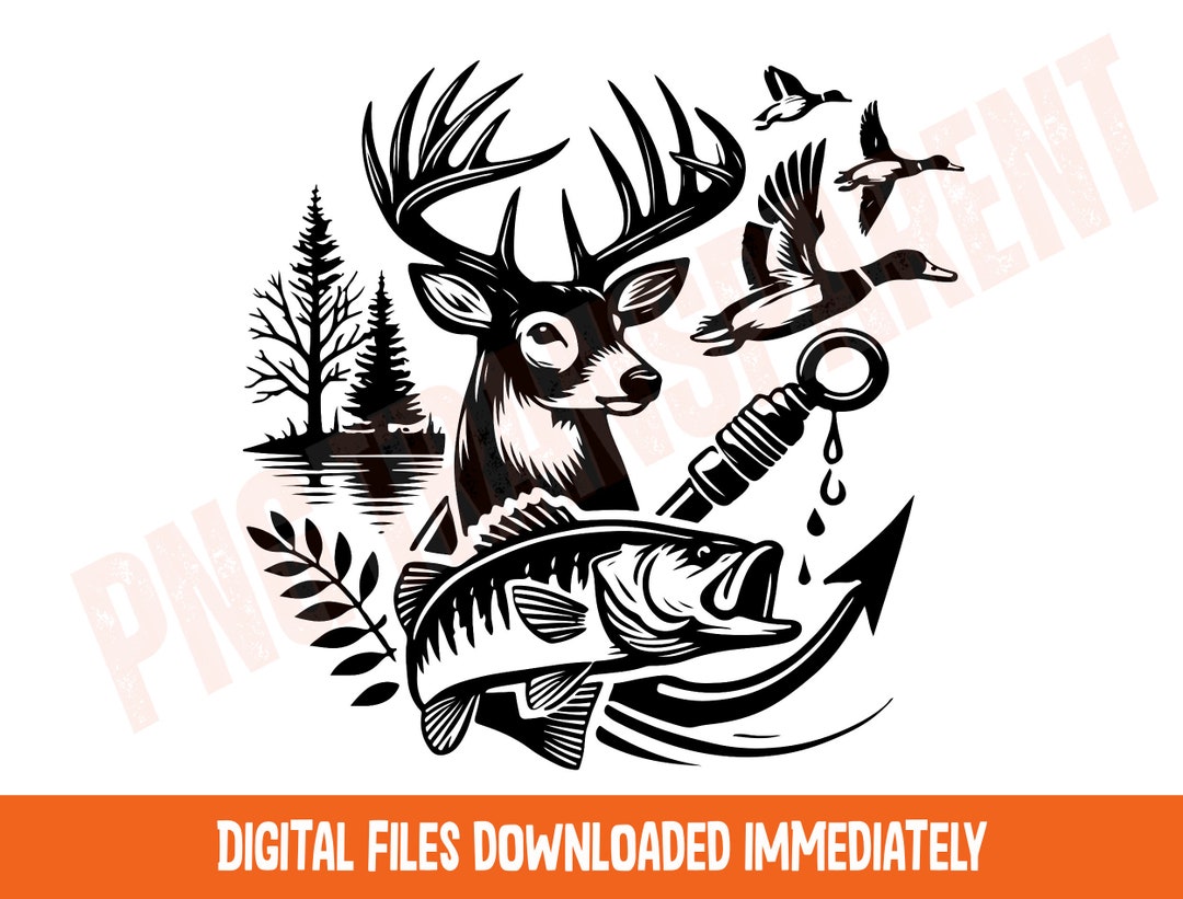 Deer, Fish & Tree Scene on Hook SVG PNG: Hunting Camping Design - Etsy