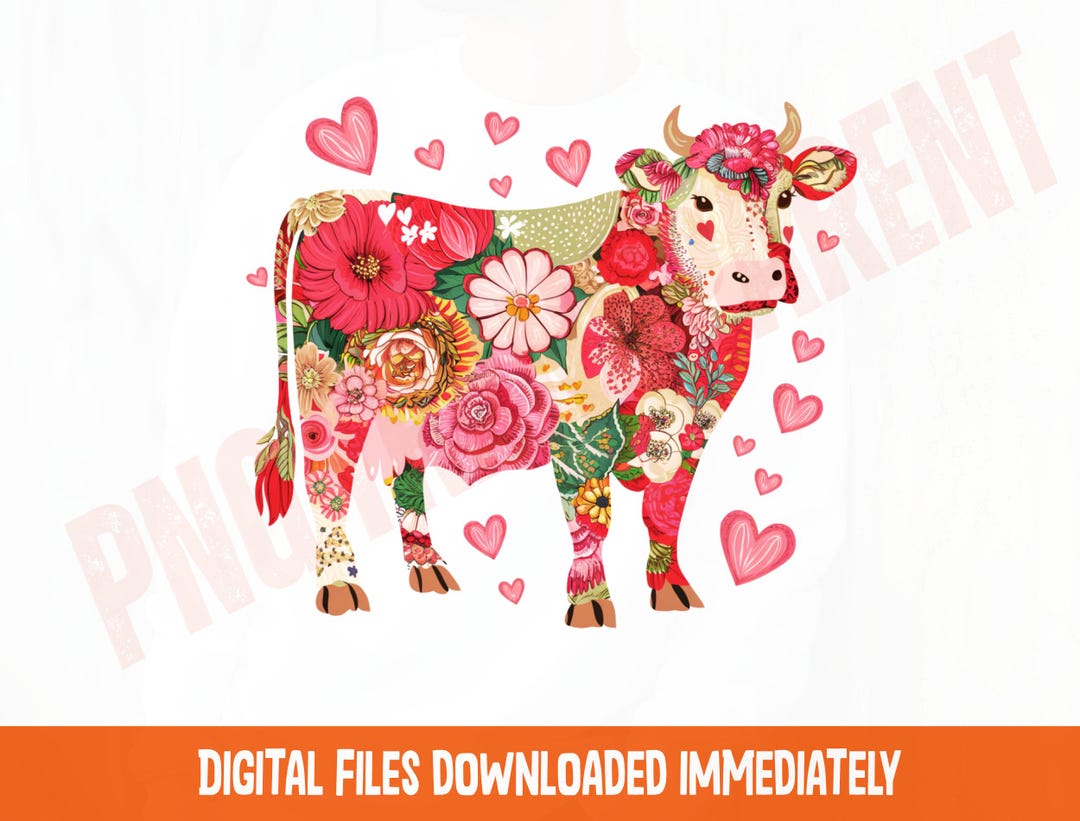 Floral Cow Png, Cute Cow Design Png, Floral Cow With Hearts Png, Cow ...
