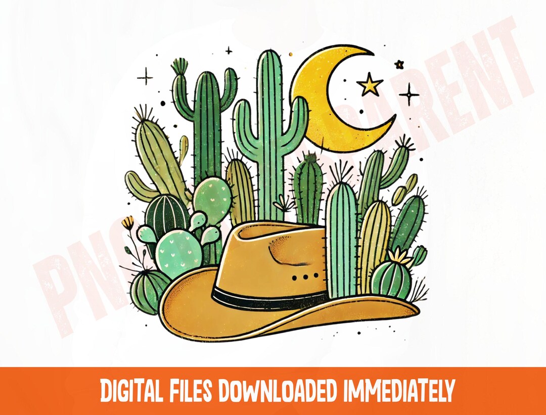 Western Cactus Png, Desert Moon Png, Cowboy Hat Design Png, Boho Cactus ...