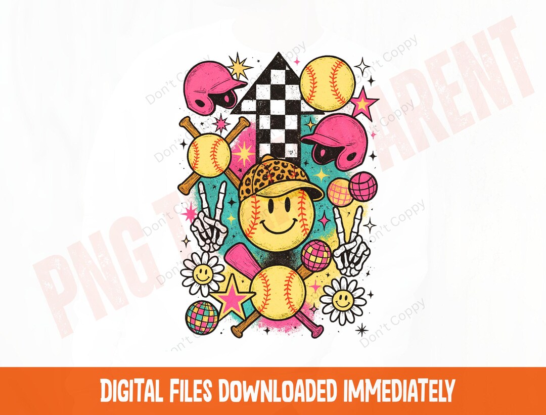 Softball Collage Png, Retro Softball Png, Sublimation Design, Smiley ...