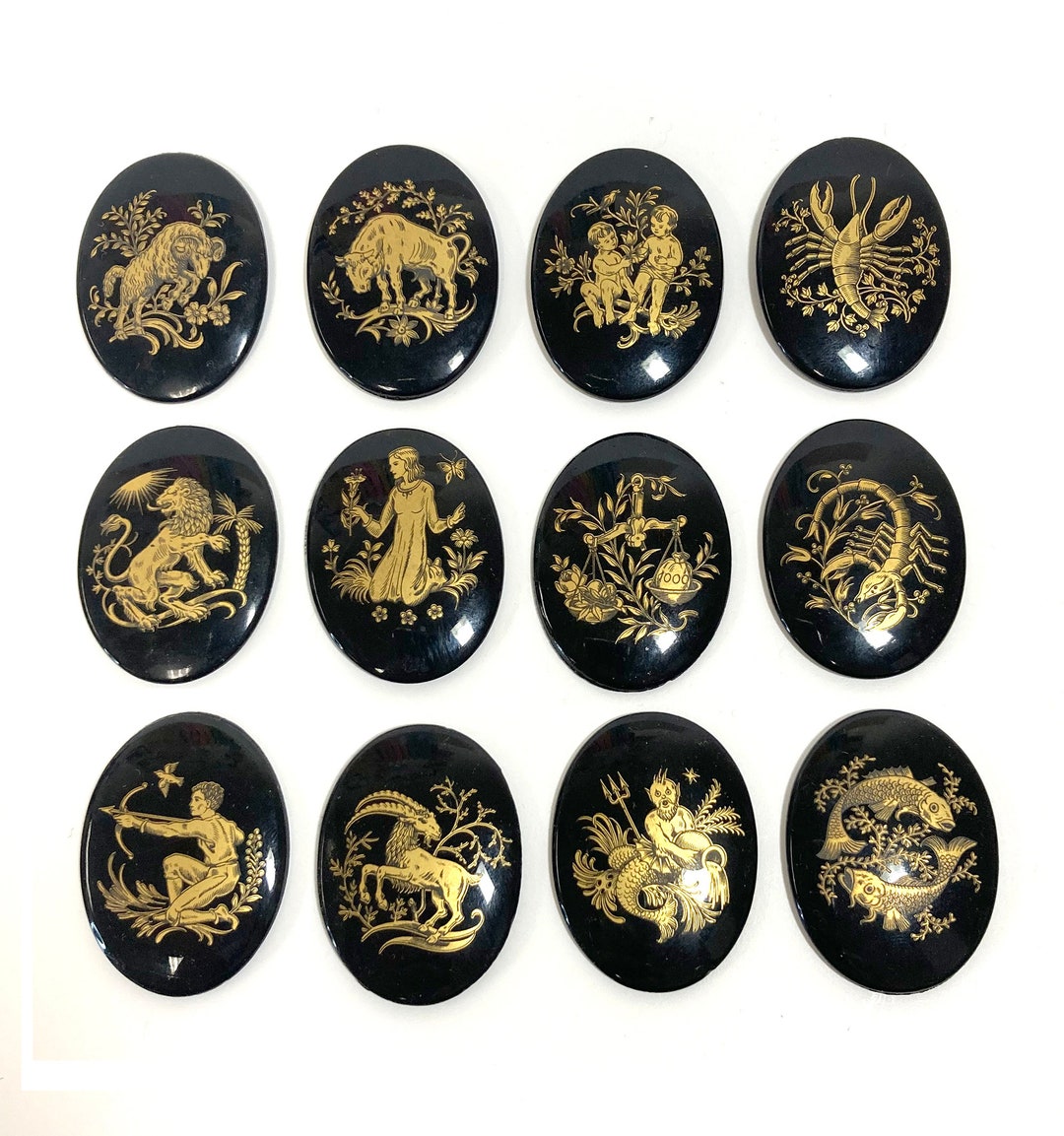 ZODIAC Signs, Large Cabochons: Vintage Black Glass Oval Inserts, Choose ...