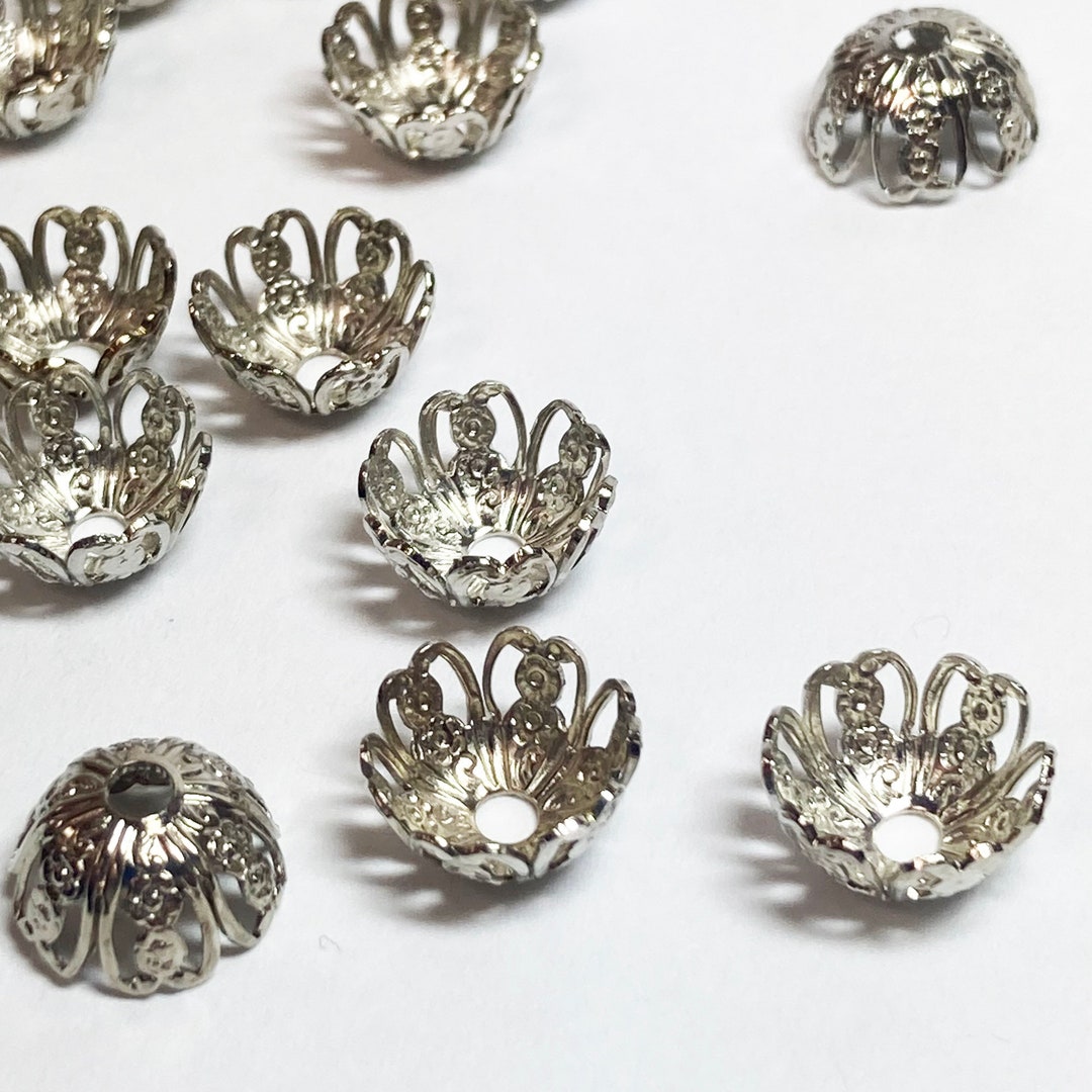 40 Pcs Fancy Bead Caps: Medium Silver Filigree Vintage Findings, 3/8 ...