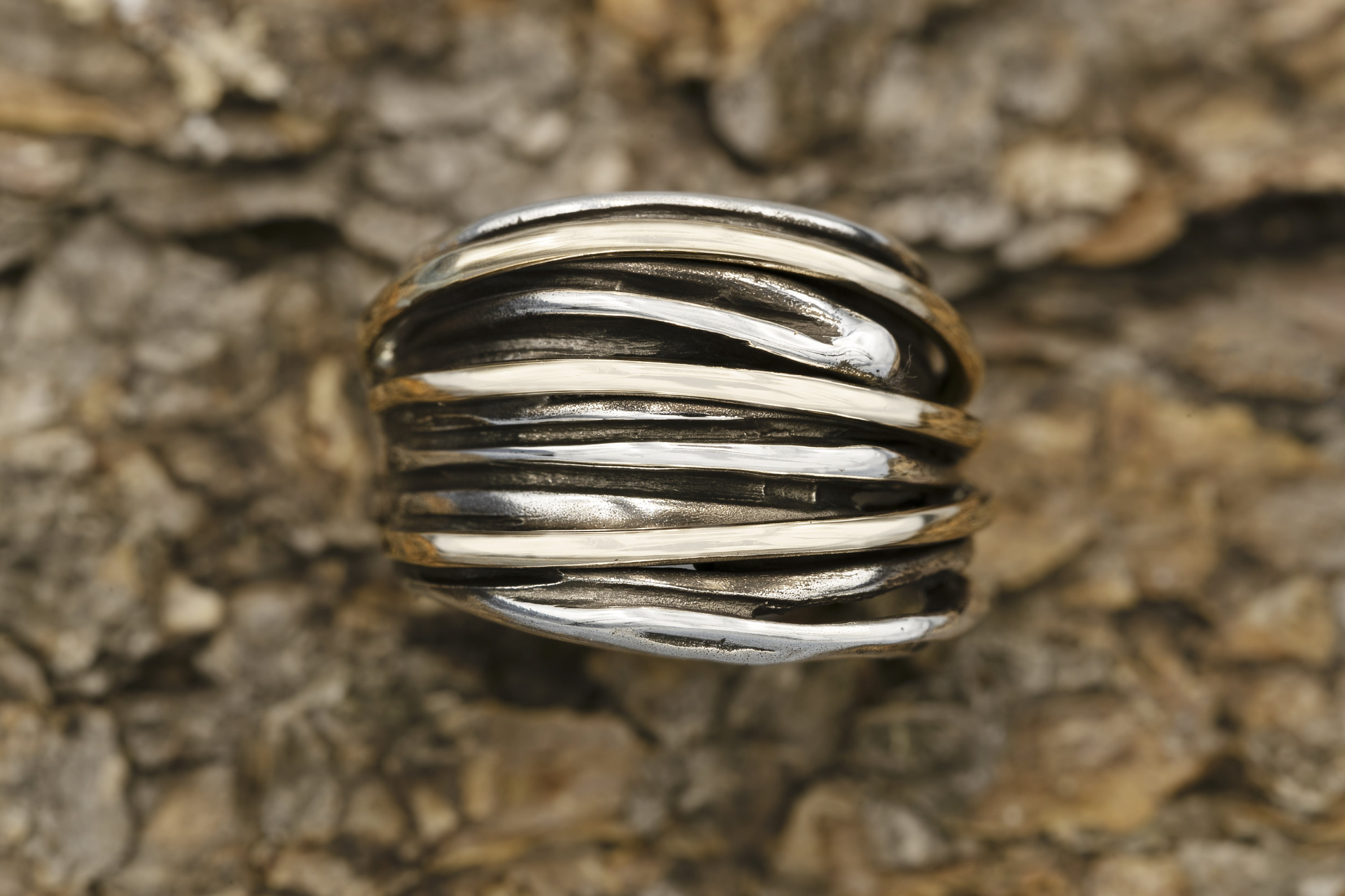 Sterling Silver String Pinky Ring 3 14K Gold Bands - Etsy