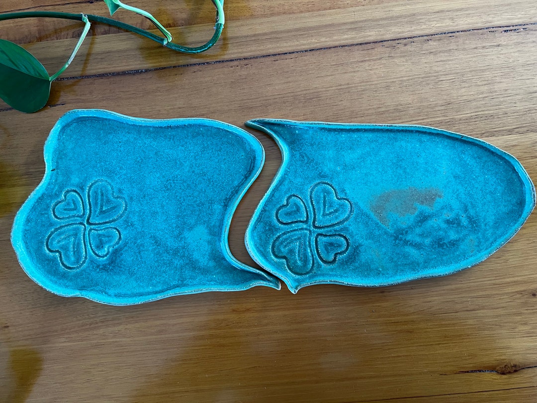 Handmade Ceramic Matching Freeform Plates Contemporary Green Flower ...