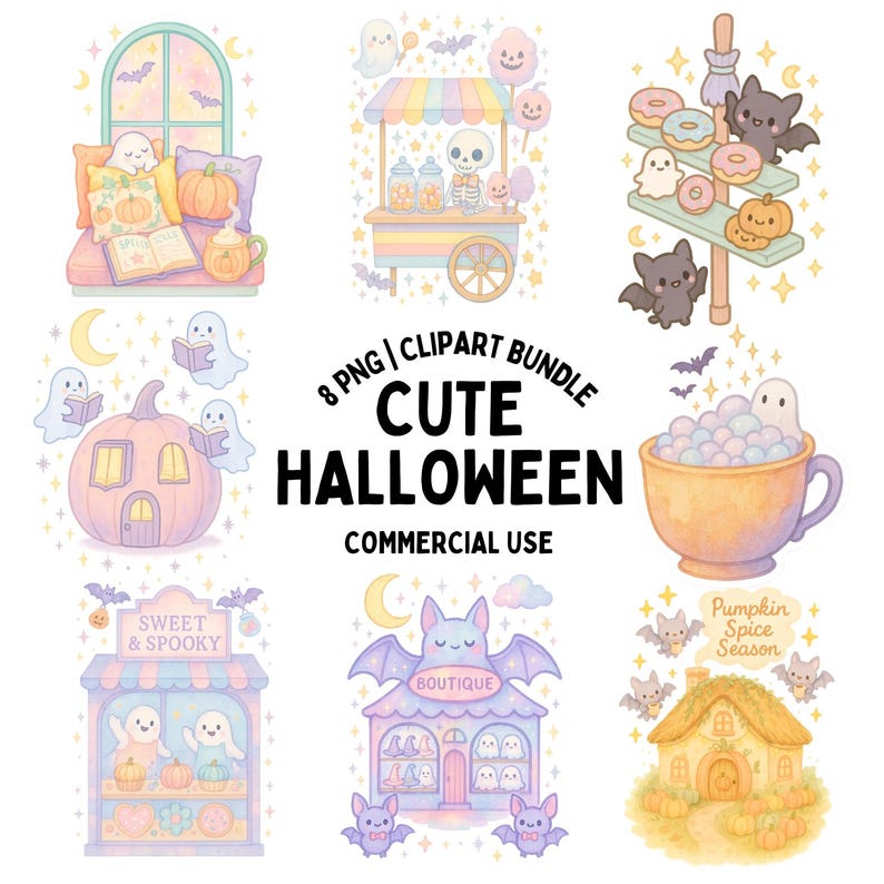 Cute Halloween Clipart Bundle - Watercolor Bookish Ghost, Pumpkin, Bat ...