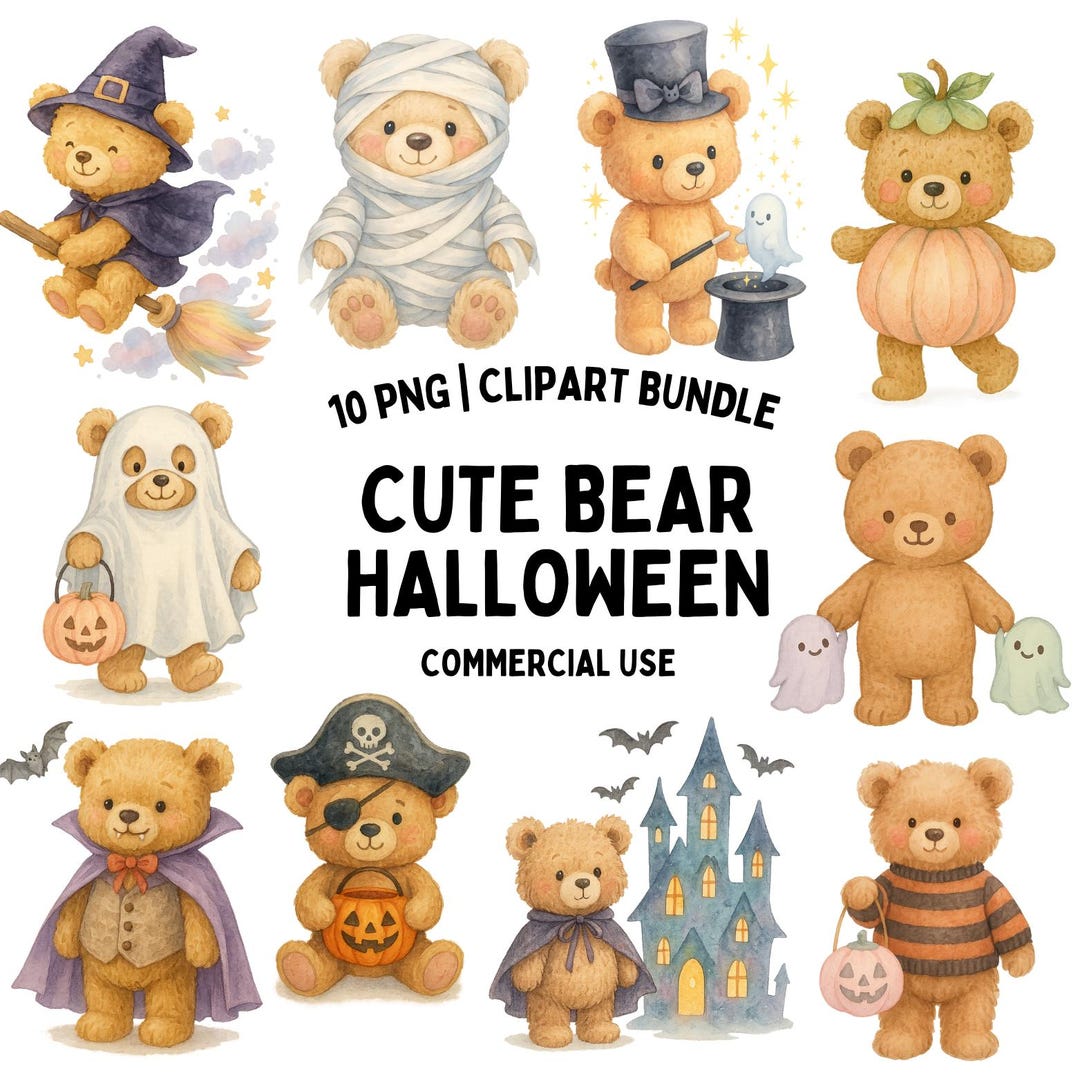 Halloween Bear Clipart Bundle - Spooky Watercolor Teddy Bear Pngs ...