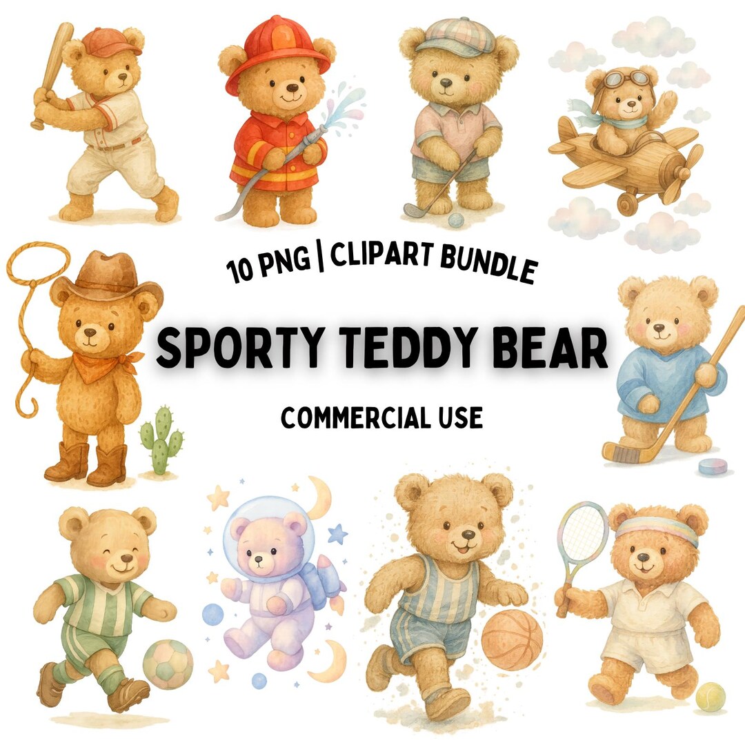 Watercolor Teddy Bear Sports Clipart Bundle - Nursery Decor (digital ...