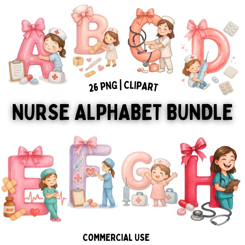Nurse Doodle Alphabet PNG Bundle - Nursing Letters Clipart Set, Medical ...