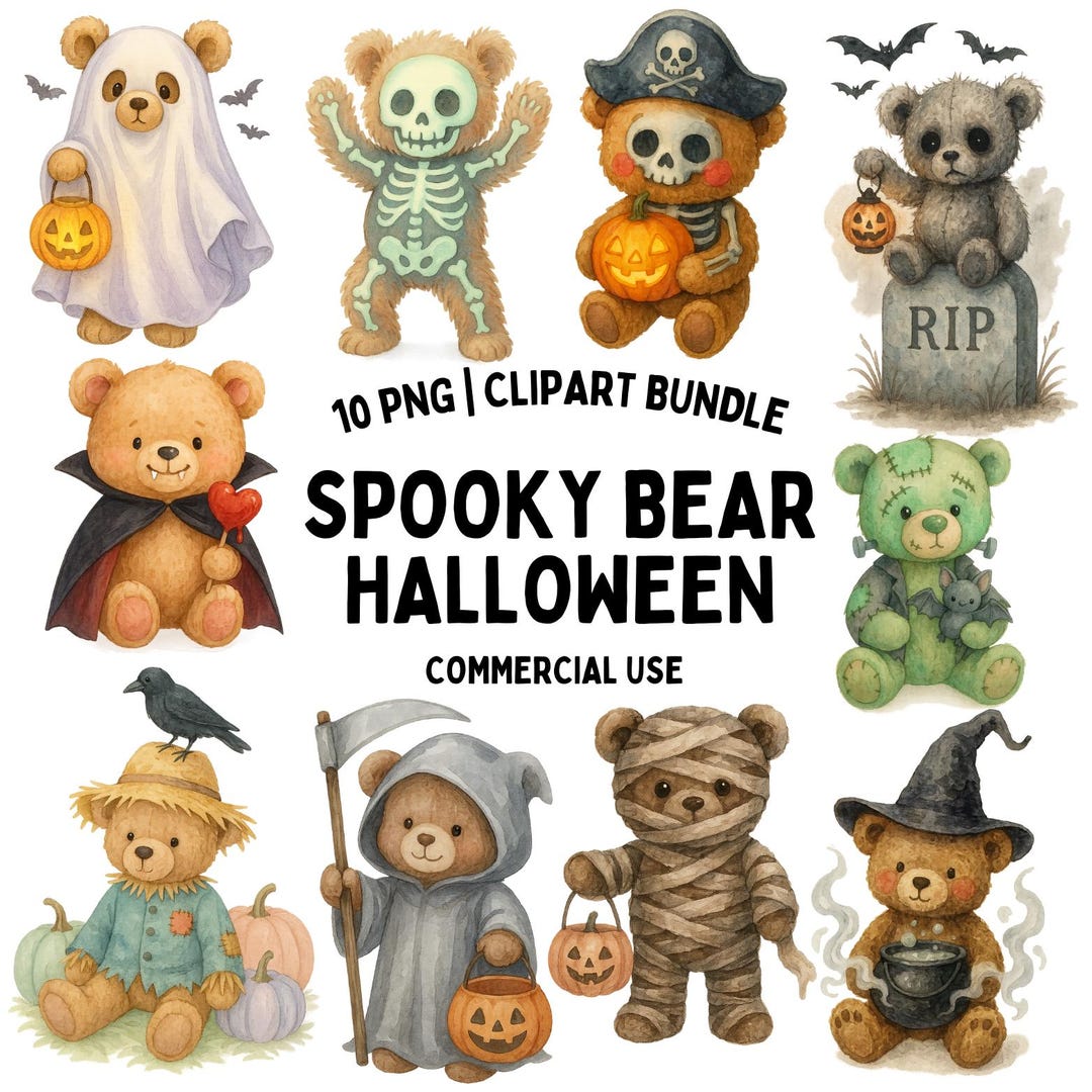 Spooky Halloween Teddy Bear Clipart Bundle - Watercolor Ghost Bears ...