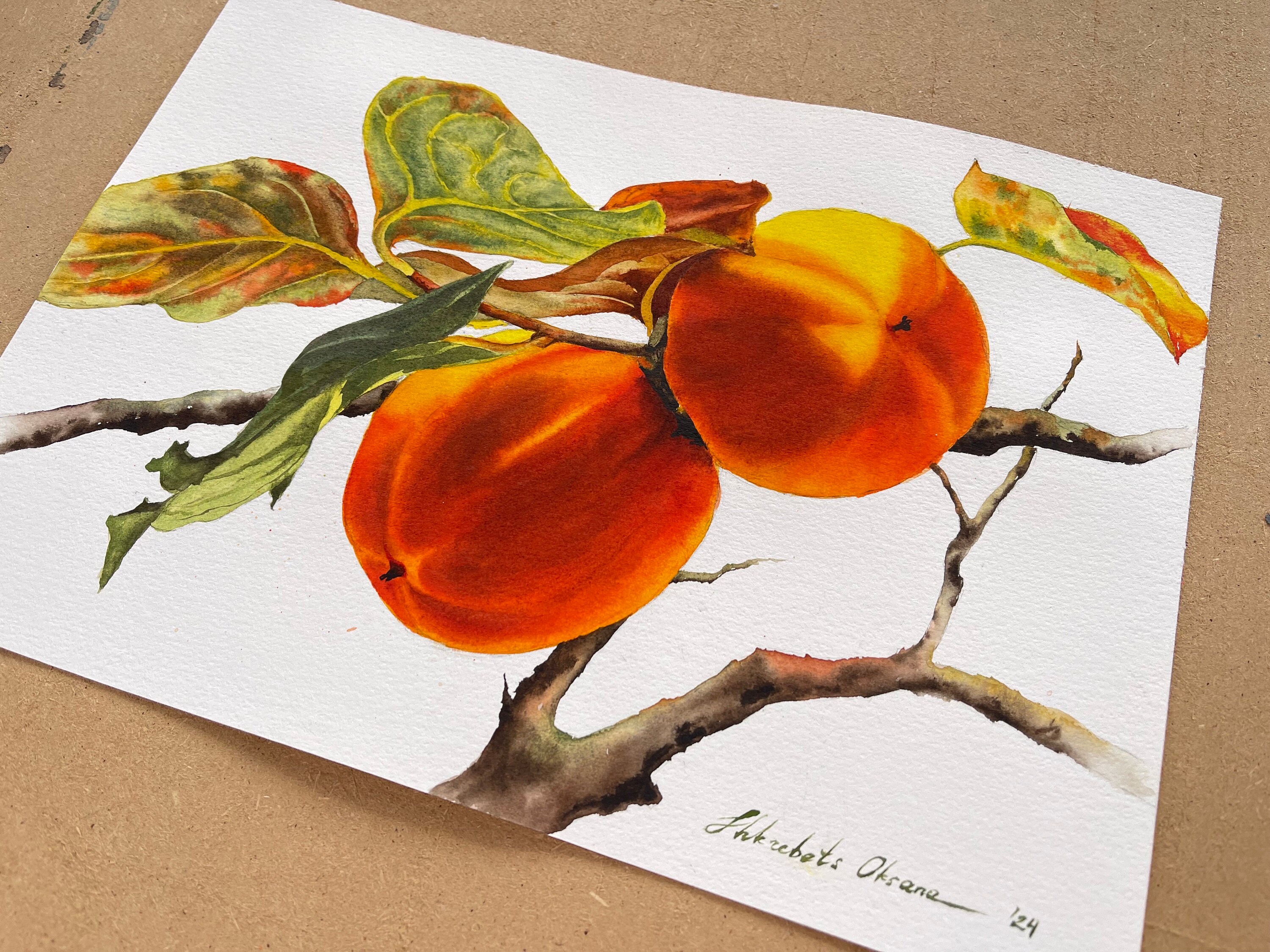 Rustic Persimmon Branch Watercolor Painting, Custom Original Realistic ...