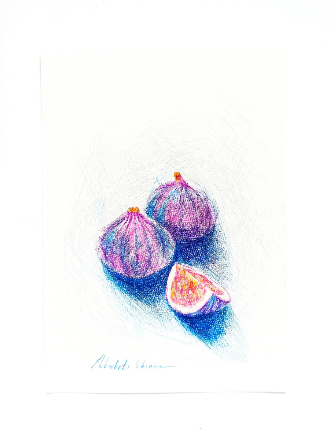 Original Colored Pencils Figs Drawing, Purple Violet Figs Pencil ...