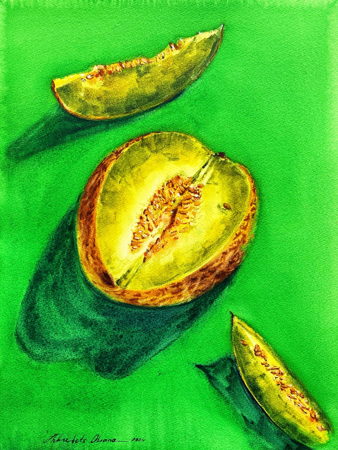 Juicy Melon With Bright Green Background, Original Watercolor Painting ...