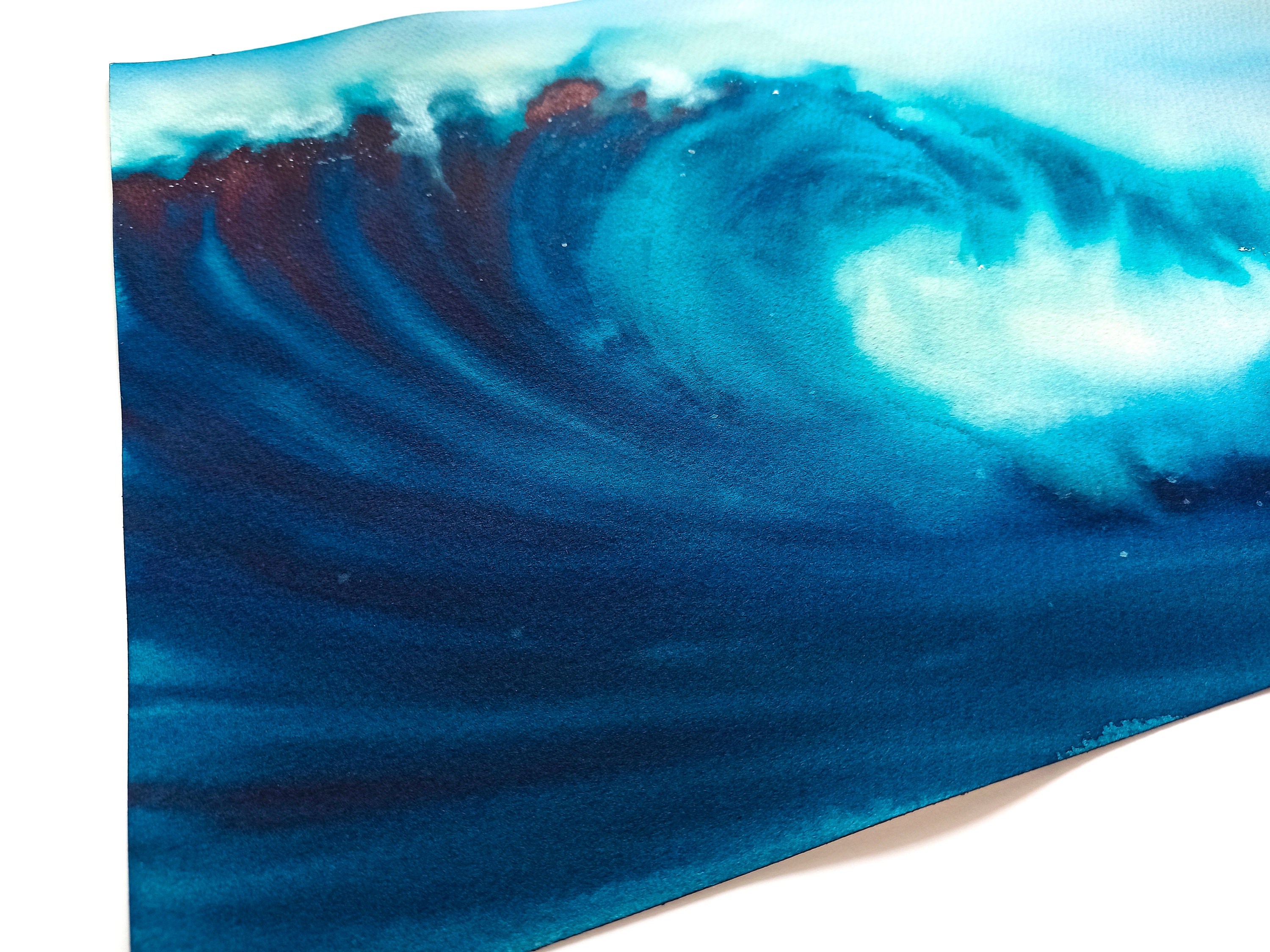 Original Watercolor Blue Wave Painting, Watercolor Realistic Sea Wave ...