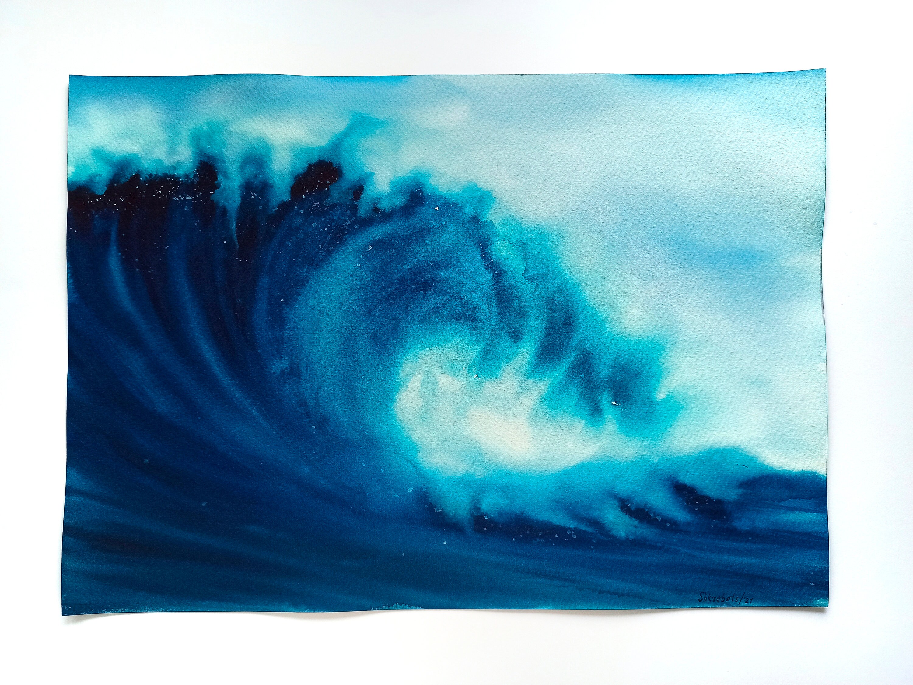 Original Watercolor Blue Wave Painting, Watercolor Realistic Sea Wave ...