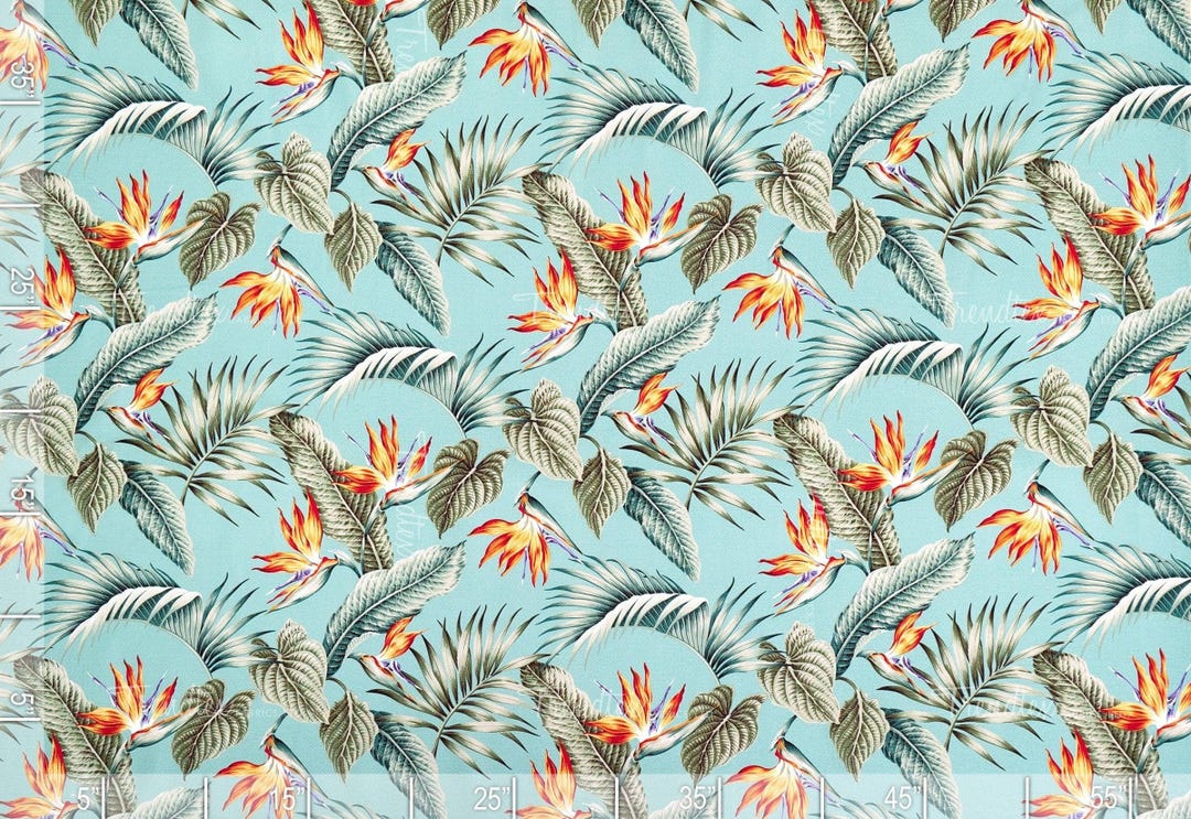 Trade Winds Aqua Bird of Paradise Hawaiian Tropical 100% Barkcloth ...